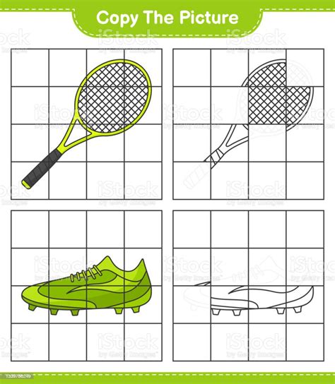그림을 복사 그리드 라인을 사용하여 테니스 라켓과 축구 신발의 사진을 복사합니다 교육 어린이 게임 인쇄 워크 시트 벡터 일러스트레이션 0명에 대한 스톡 벡터 아트 및 기타