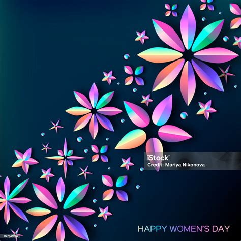 밝은 홀로그램 꽃 행복 한 일입니다 3 월 8 일 국제입니다 트렌디한 어머니의 날입니다 현대 종이 미래 꽃 인사 카드를 잘라 최신 유행 봄 꽃 장식입니다 텍스트입니다
