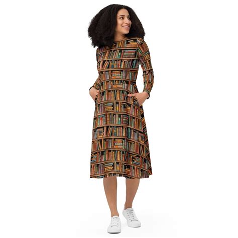 Book Dress With Pockets Long Sleeve All Over Print Dress Book Shelf