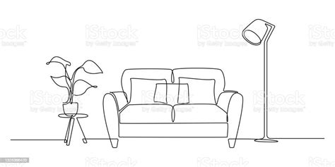 소파와 램프와 화분에 심은 식물의 연속 라인 드로잉 심플한 선형 스타일로 거실 인테리어를위한 세련된 가구 편집 가능한 스트로크 벡터 일러스트레이션 가구점에 대한 스톡 벡터