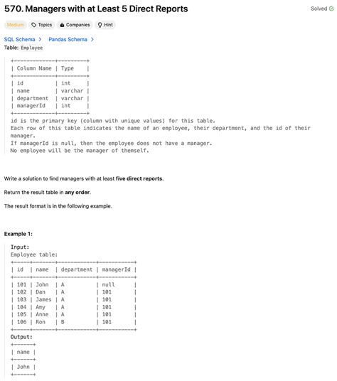 Leetcode 570 Managers With At Least 5 Direct Reports Join
