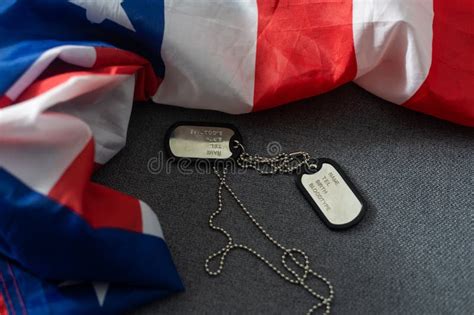Army Tokens On Military Uniform And Usa National Flag Background Stock Image Image Of Stripes