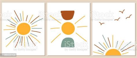 보헤미안 스타일의 태양이 있는 포스터의 벡터 세트 보헤미안 스타일의 보육원 장식 태양과 일몰이 있는 귀여운 손으로 그린 포스터 추상적인 태양 0명에 대한 스톡 벡터 아트 및