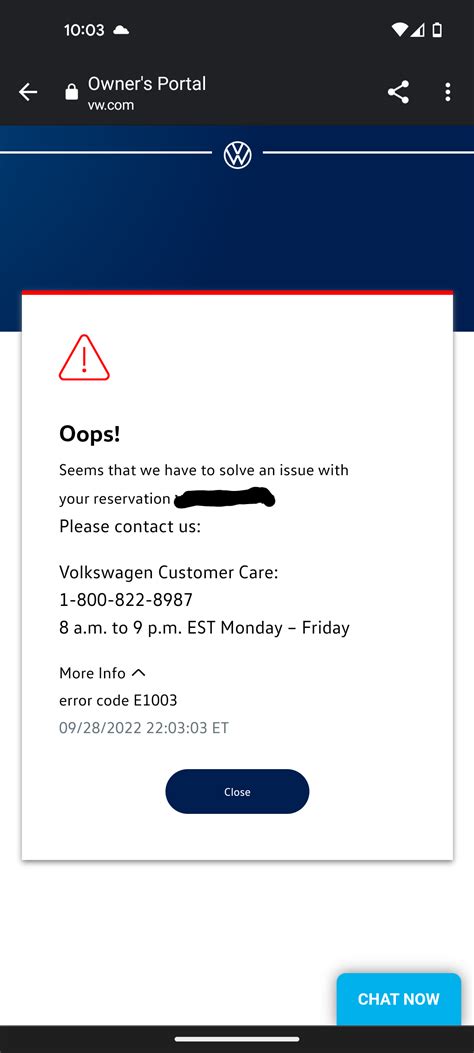 E1003 Error On Reservation And Cannot Access Configuration Any Ideas