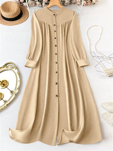 플러스 사이즈 캐주얼 단색 앞 버튼 클로저 드레스 봄과 가을 Mulheres Muçulmanas Muçulmanas Mulheres