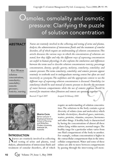 Osmoles Osmolality And Osmotic Pressure Clarifying The Puzzle Of Solution Concentration Pdf