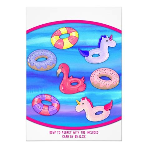 Cute Pink Floaties Watercolor Pool Party Birthday Invitation Pool