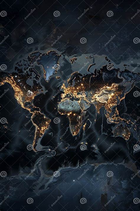 Illuminated World Map At Night With Glowing Lines Connecting Different
