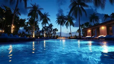 Luxury Hotel Pool With Palm Trees At Night Reflecting On Water Stock