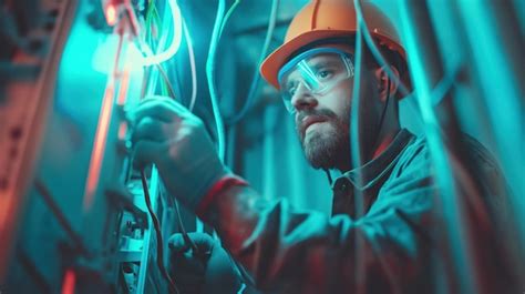 An Electrician Works On An Electrical Panel Wearing A Hard Hat And