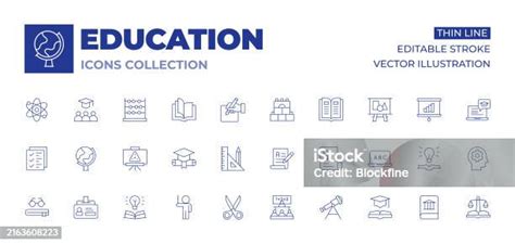 교육 아이콘 컬렉션 가는 선 아이콘 편집 가능한 획 지구 직원 교육 체크리스트 도서 원자 열린 책 각모 강사 지식 주판 프리젠 테이션 0명에 대한 스톡 벡터 아트 및 기타
