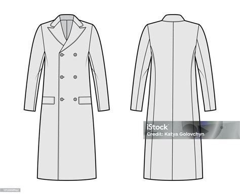 울스터레트 코트 테크니컬 패션 일러스트와 더블 브레스트 무릎 길이 라운드 칼라 피크 플랩 포켓 플랫 0명에 대한 스톡 벡터 아트