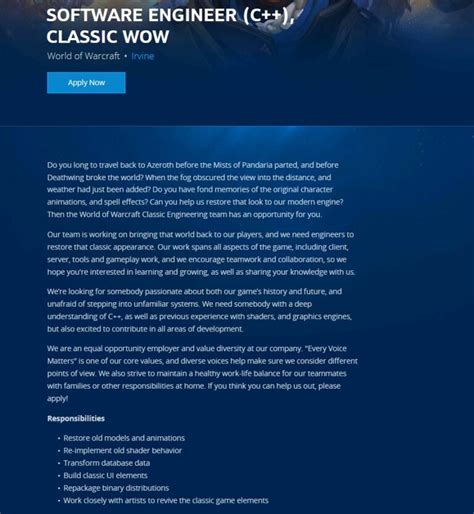Wow Classic To Use Old Character Models And Animations Job Listing