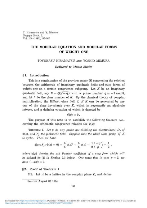The Modular Equation And Modular Forms Of Weight One Docslib