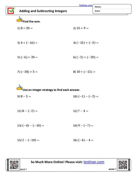 Adding And Subtracting Integers Free Worksheet Printable Pdf Template