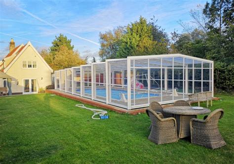 Telescopic Pool Enclosure Freestanding Three Angled White Swimex Uk Swimming Pool Enclosures