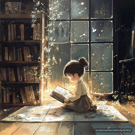 Ai创作图小女孩读书配图 窗下读书剪影 认真看书的小姑娘 认真看书的女孩 梦幻儿童插画超治愈 读书女孩插画 坐在窗前看书的女孩 投入看书的女孩