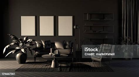 소파 의자 카펫에 책장일반 흑백 검은 색의 사진 프레임 우울한 방 검은 색 배경입니다 3d 렌더링 거실에 대한 스톡 사진 및 기타 이미지 Istock