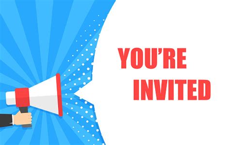 남성 손 들고 확성기 당신과 함께 초대 연설 거품 스피커입니다 비즈니스 마케팅 및 광고 배너입니다 벡터 일러스트입니다 손님에 대한 스톡 벡터 아트 및 기타 이미지 Istock