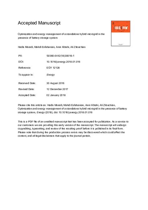 Pdf Optimization And Energy Management Of A Standalone Hybrid Microgrid In The Presence Of
