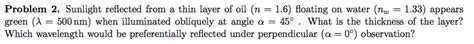 solved problem 2 sunlight reflected from a thin layer of oil n 1 6