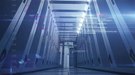 computer code and cybersecurity terms animation over data center server