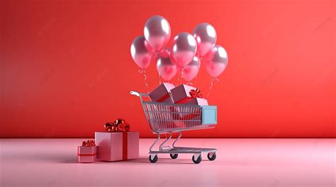 쇼퍼홀릭의 꿈 쇼핑 카트 소포 상자와 풍선을 멋진 3d 렌더링으로 보여주는 다채로운 무대 쇼 온라인 시장 인터넷 가게 디지털 스토어 배경 일러스트 및 사진 무료