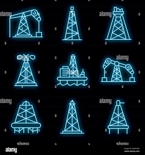 Derrick Oil Icons Set Outline Set Of Derrick Oil Vector Icons Neoncolor On Black Stock Vector