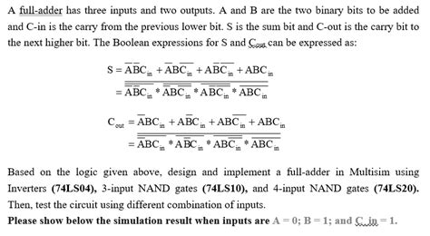 Solved A Full Adder Has Three Inputs And Two Outputs A And B Are The