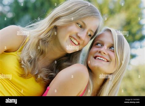 Two Teenage Girls Having Fun Stock Photo Alamy