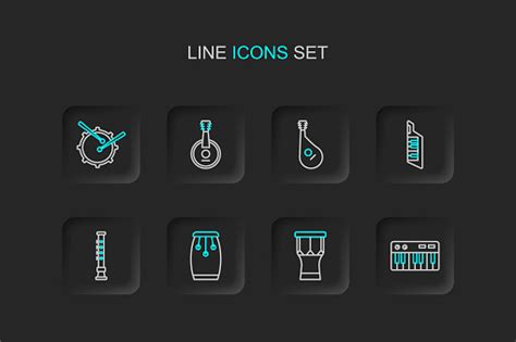 세트 라인 음악 신디사이저 아프리카 타악기 드럼 콩가 드럼 플루트 숄더 키보드 반두라 밴조 및 스틱 아이콘이 있는 드럼 벡터 0