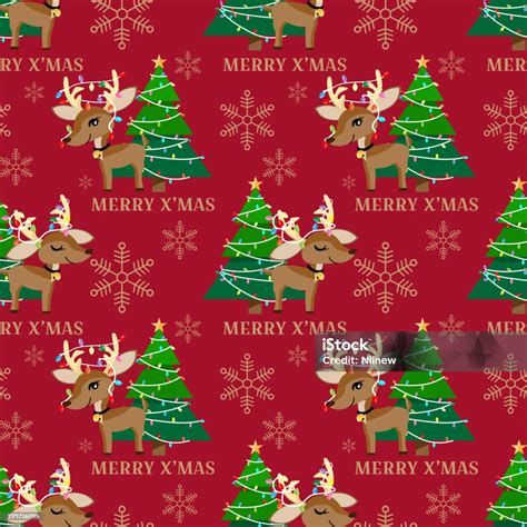크리스마스 트리 원활한 패턴빨간 코 순록 인사말 카드 포장 지 등에 대한 귀여운 크리스마스 휴일 만화 캐릭터 배경 크리스마스 새해 또는 겨울 휴일 시즌에 인사말 시즌 이나
