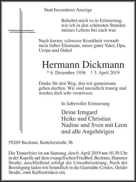 Traueranzeigen Von Hermann Dickmann Trauerdie Glockede