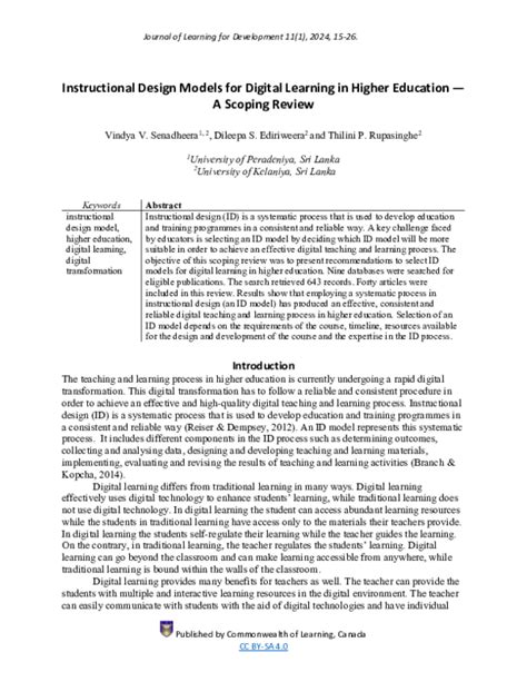 Pdf Instructional Design Models For Digital Learning In Higher Education — A Scoping Review