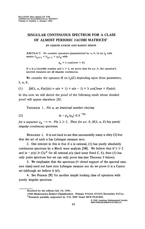 Pdf Singular Continuous Spectrum For A Class Of Almost Periodic Jacobi Matrices
