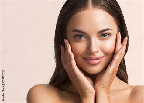 Beautiful Woman Face Close Up Natural Make Up Hand Touching Face Beauty