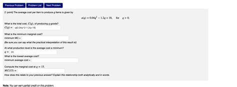 Solved 1 Point The Average Cost Per Item To Produce Q