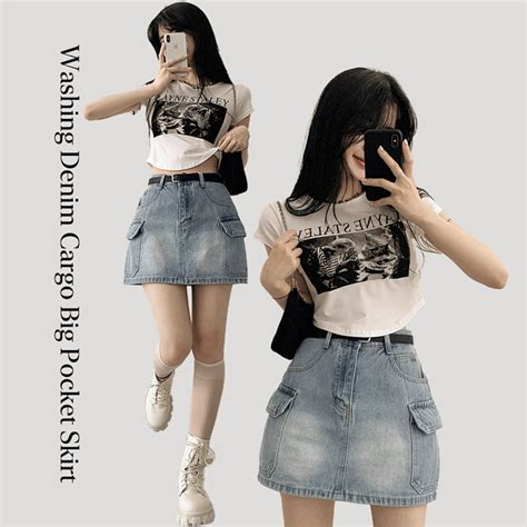 [속바지ok 힙무드] 워싱 빅포켓 카고 데님 미니 스커트 에이블리