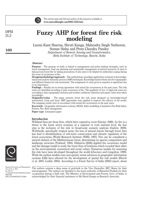 Pdf Fuzzy Ahp For Forest Fire Risk Modeling