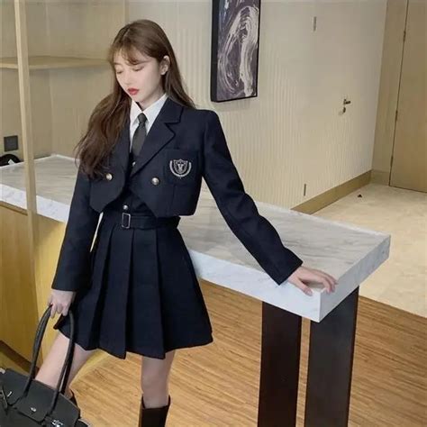 한국 대학 스타일 3 피스 짧은 스타일 정장 긴 소매 재킷 백스트랩 주름 드레스 기본 셔츠 세트 G833 2022