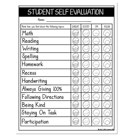 Student Self Assessment Form For Elementary Students