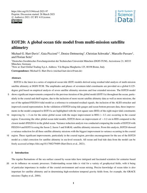 Pdf Eot20 A Global Ocean Tide Model From Multi Mission Satellite