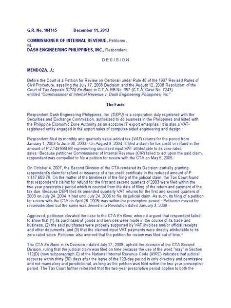 Cir V Dash Engineering Philippines Inc Full Case Pdf Tax Refund Value Added Tax