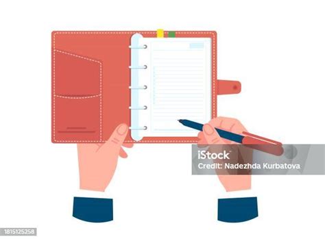 손에는 종이 일일 플래너가 있습니다 주최자에 씁니다 펜으로 메모합니다 작업 및 목표 계획 마감일과 의제를 정리합니다 팔에 메모장을 엽니다 시간 관리 벡터 개념 손에 대한