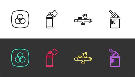 라인 Rgb 및 Cmyk 색상 혼합 페인트 스프레이 캔 총 및 양동이를 흑백에 브러시로 설정합니다 벡터 Cmyk에 대한 스톡 벡터 아트 및 기타 이미지 Istock