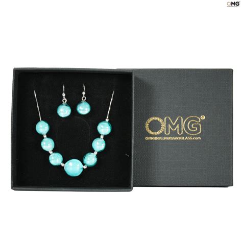Parure Pearls Lightblue L With Silver 925 Original Murano Glass Omg
