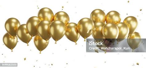 색종이 조각이 날아가는 황금 풍선의 3d 렌더링 풍선에 대한 스톡 사진 및 기타 이미지 풍선 금 금속 금색 Istock