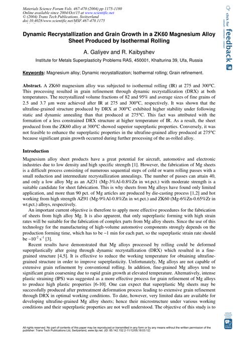 Pdf Dynamic Recrystallization And Grain Growth In A Zk60 Magnesium Alloy Sheet Produced By