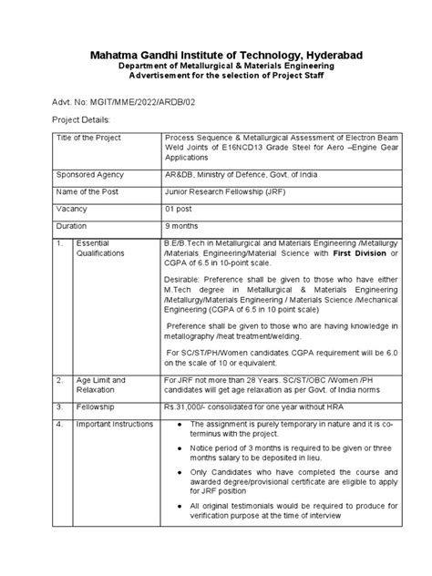 Advertisement And Application Form For The Selection Of Jrf Position In Ardb Funded Project In