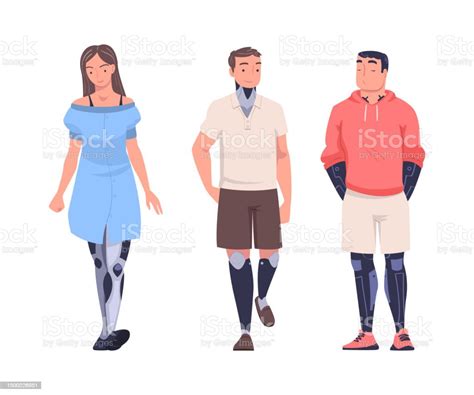 Happy Man And Woman Character With Replaced Robotic Body Part Prosthesis Restoring Normal